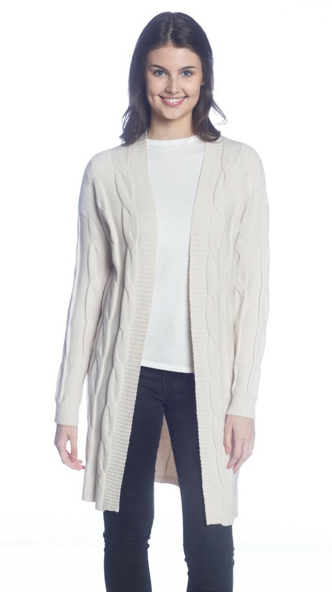 Long Body Open Cardigan with Front and Back Cable Detail - DKR ...
