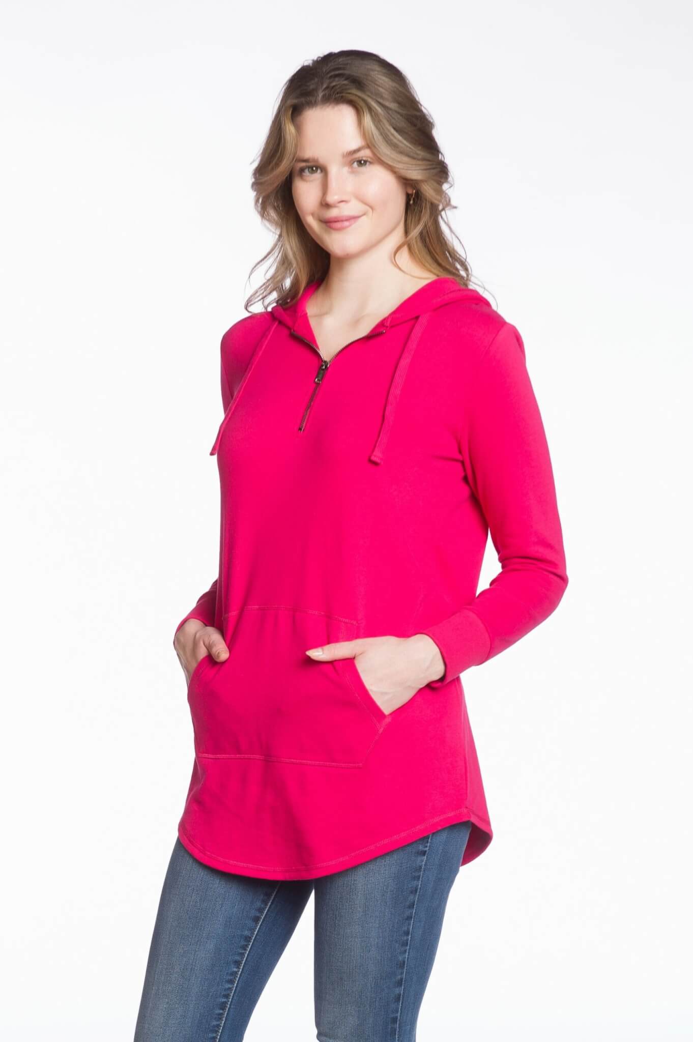 Long Sleeve 1/4 Zip Hooded Tunic Top with Kangaroo Pocket - DKR ...