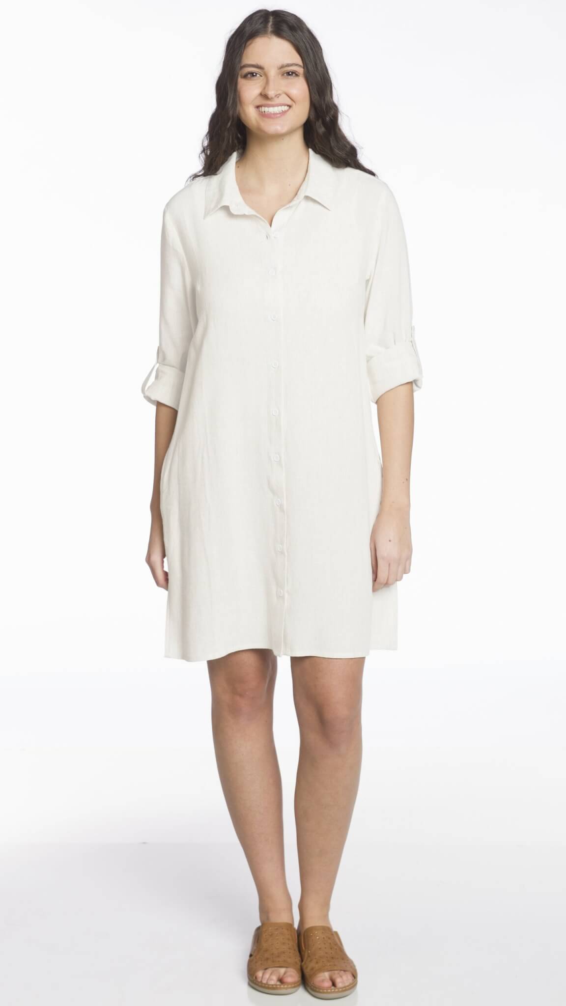 Roll-Up Long Sleeve Button Front Shirt Dress with Side Slits and ...