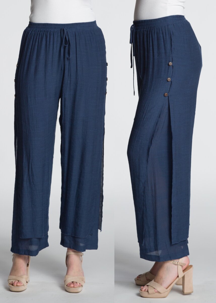 Loose Fit Wide Leg Layered Pant with Side Slits and Button Detail - DKR ...